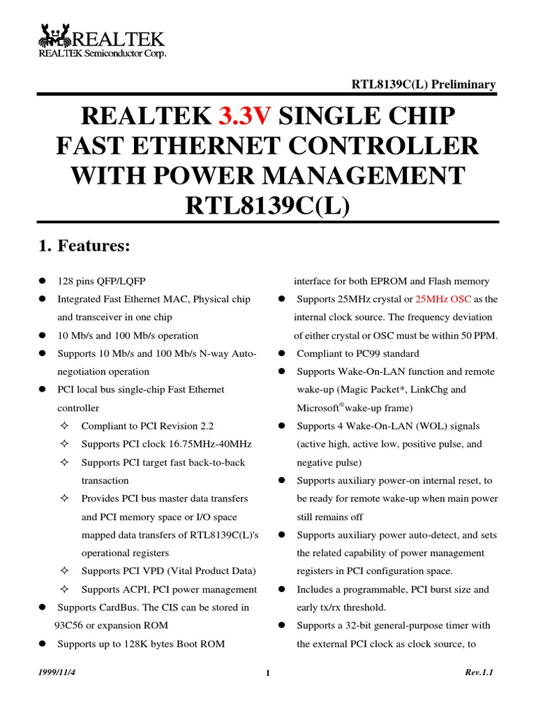 Realtek Single Chip Fast Ethernet Controller With Power Management ...
