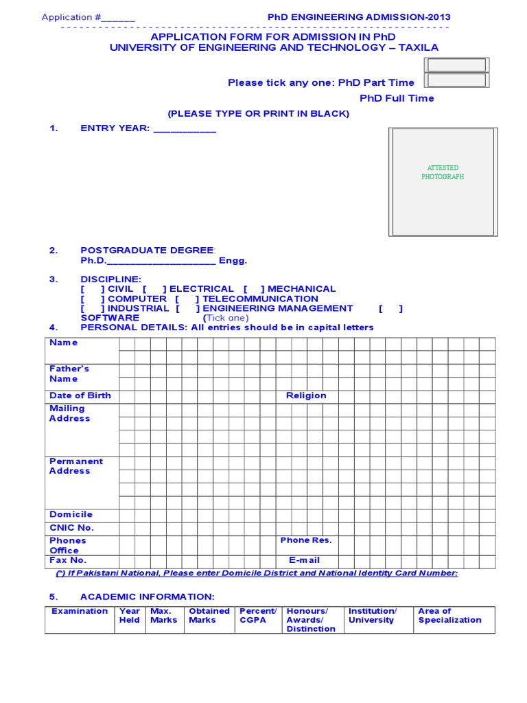 PHD Full Time Part Time Application Form | PDF