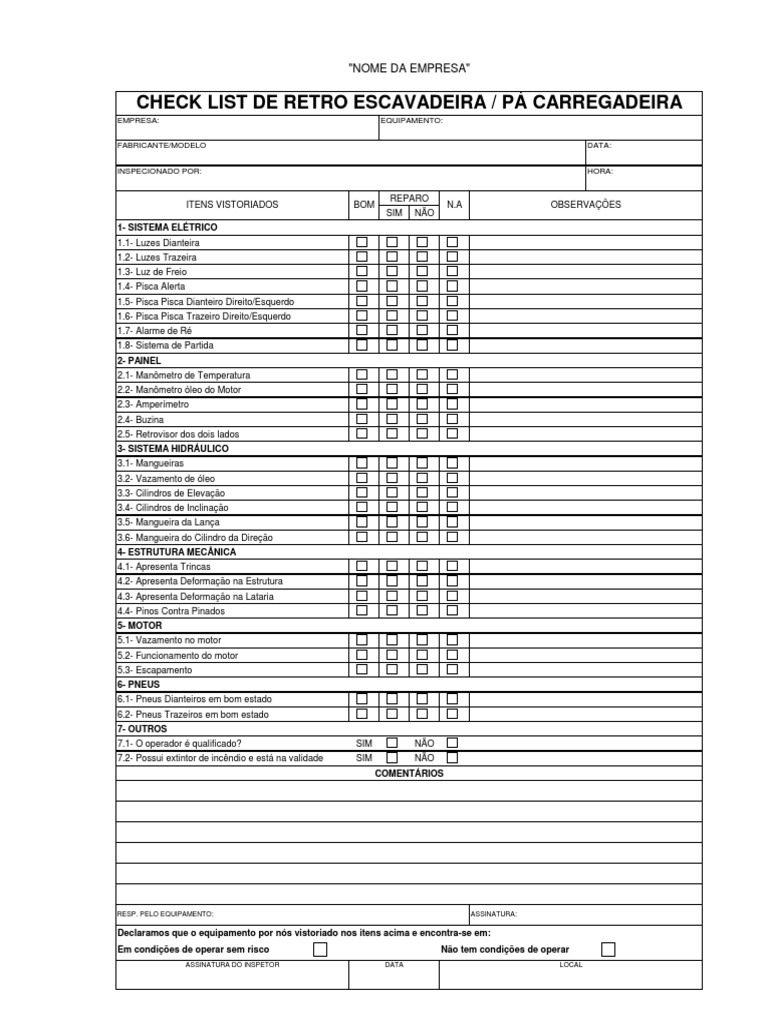 Check List Retro Escavadeira | PDF