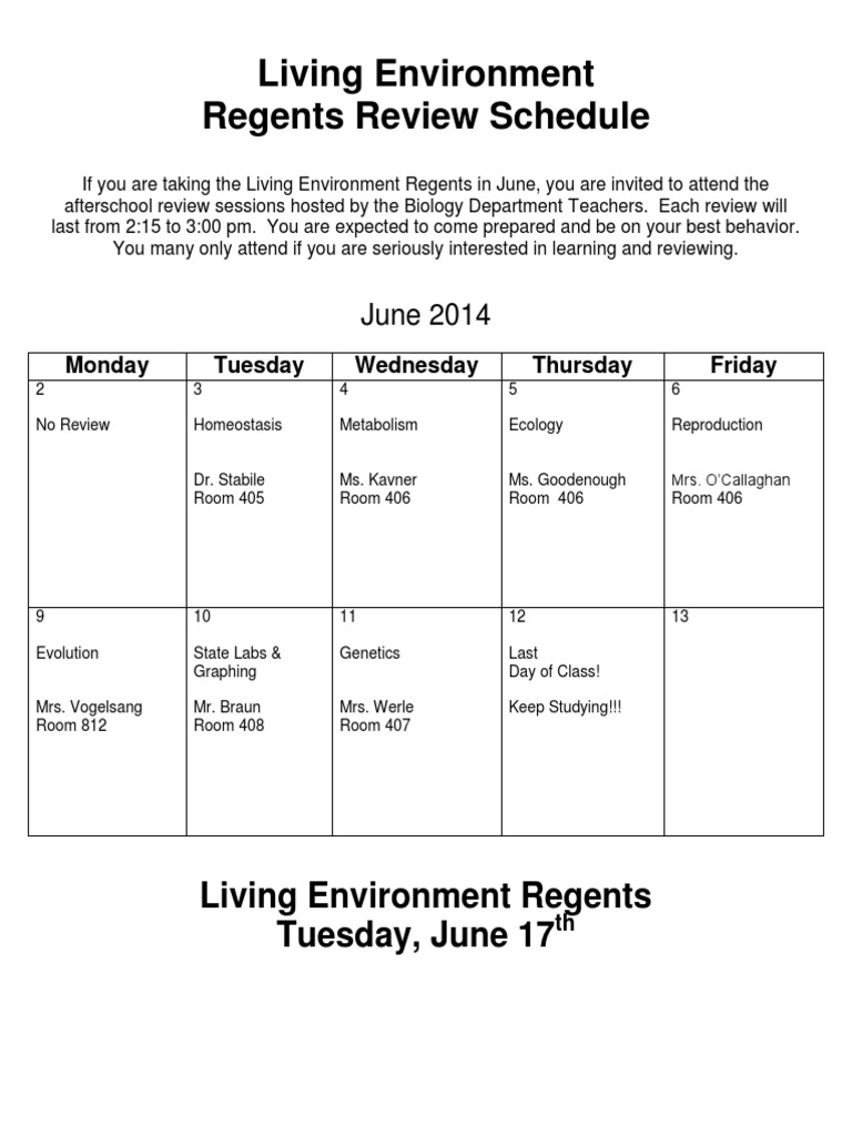 Living Environment Regents Review Schedule | PDF