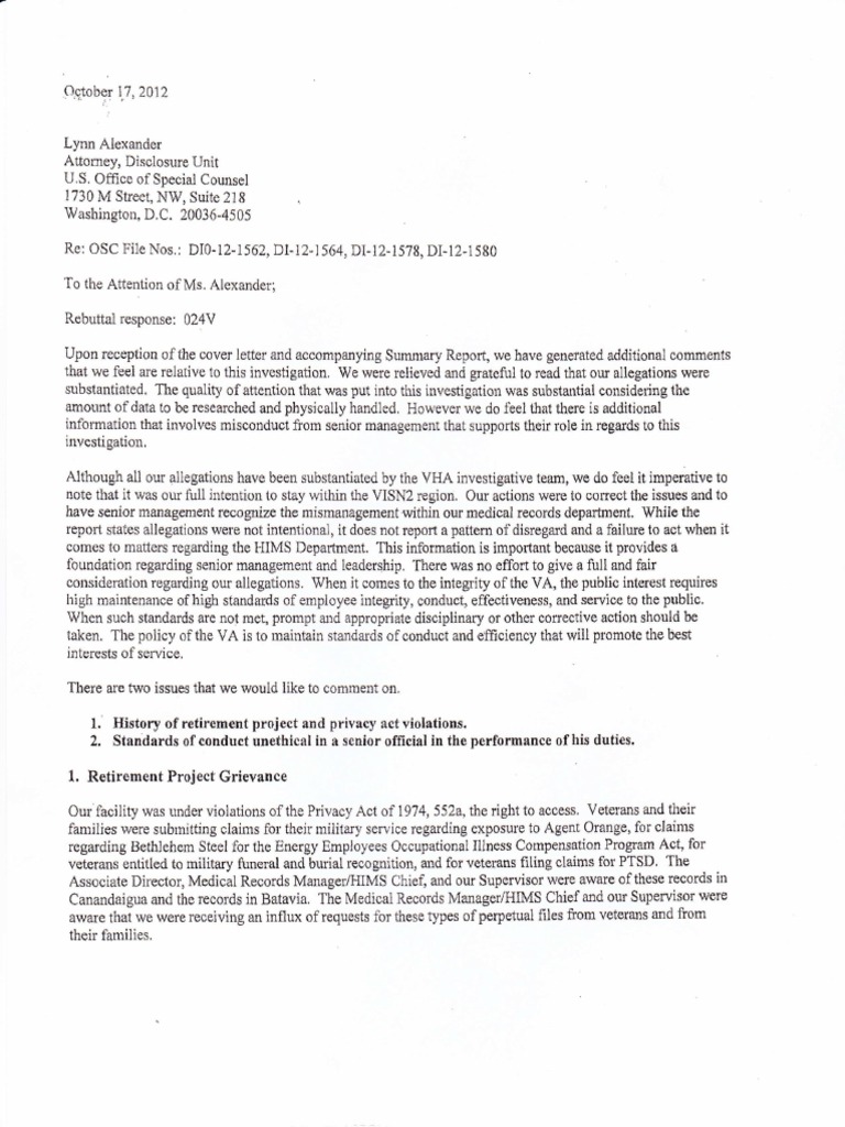 Letter To OSC Disclosure Unit Attorney Lynn Alexander | PDF ...