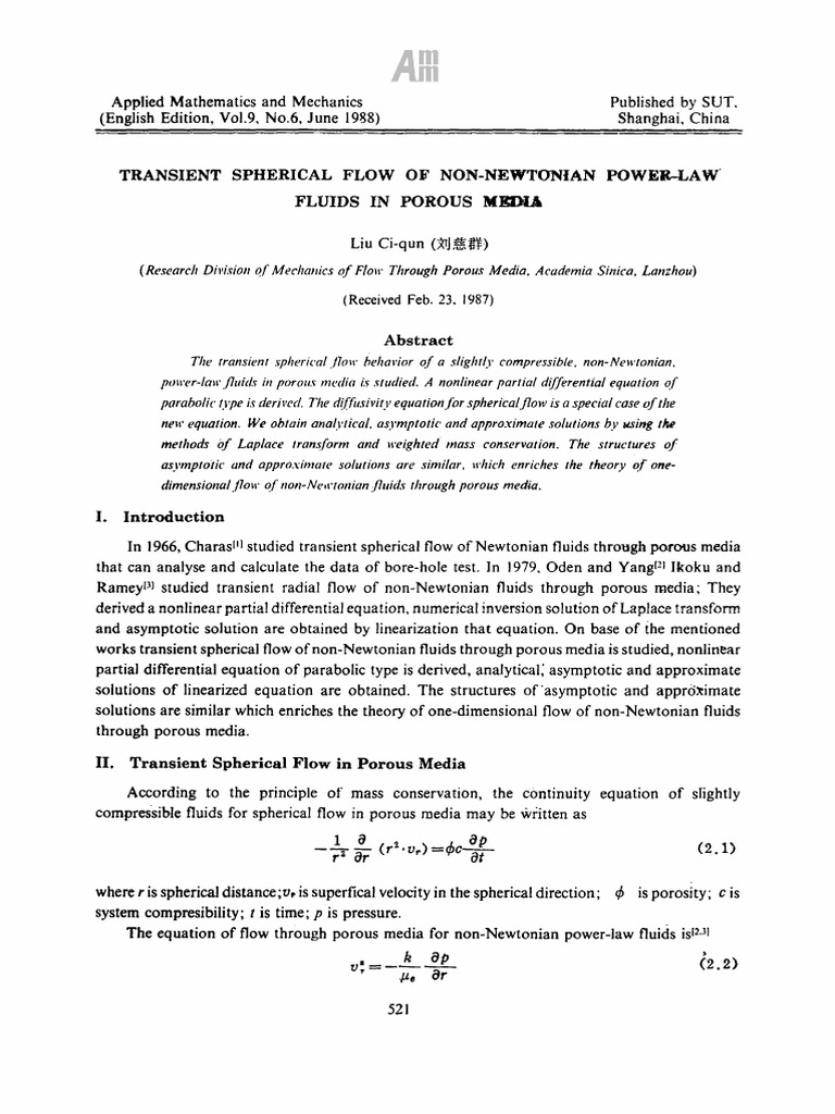 Transient Spherical Flow of Non-Newtonian Power-Law Fluids in Porous Media | PDF | Explosive ...