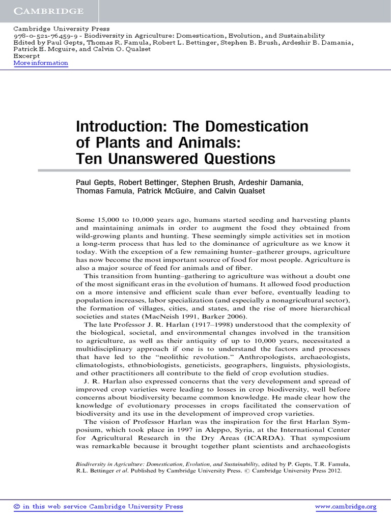 Introduction: The Domestication of Plants and Animals: Ten Unanswered ...