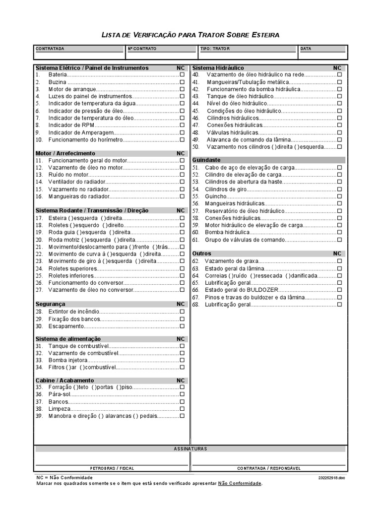 Check List Trator de Esteira | PDF | Radiador | Engenharia Mecânica