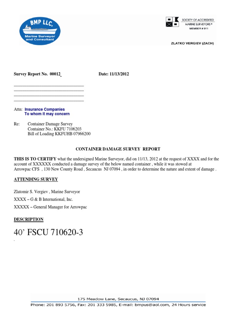 Bmp Llc Marine Survey - Cargo Container Damage Survey Report ...