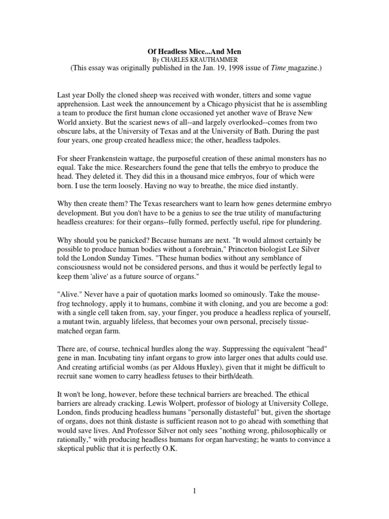 Of Headless Mice... and Men: by Charles Krauthammer | PDF | Cloning ...