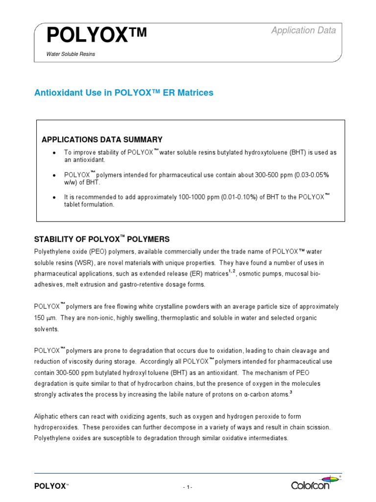 POLYOX™ ER Matrices Antioxidant Use in | PDF | Antioxidant ...