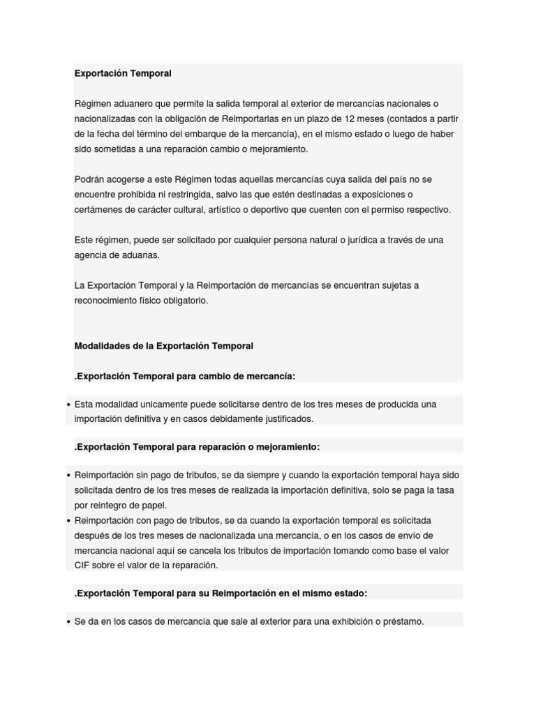 Exportación Temporal | PDF | aduana | Exportaciones