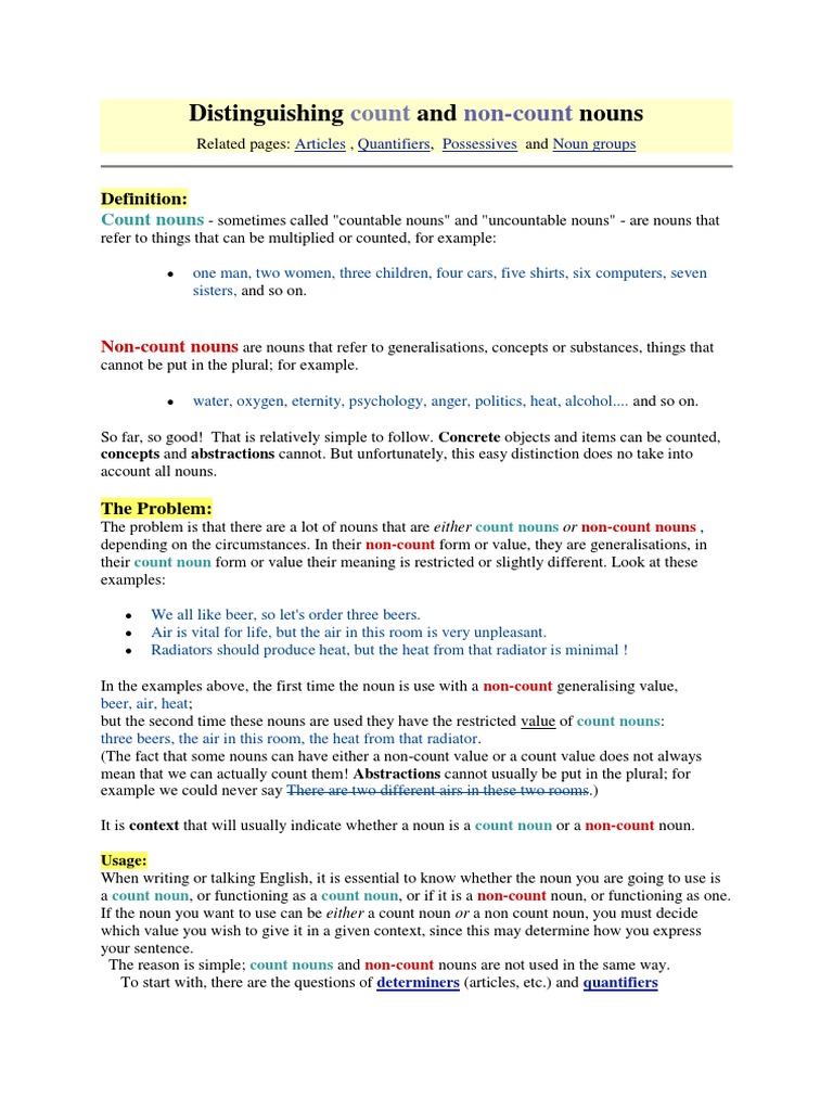 Count and Non-Count Nouns, Quantifiers | PDF | Noun | Plural