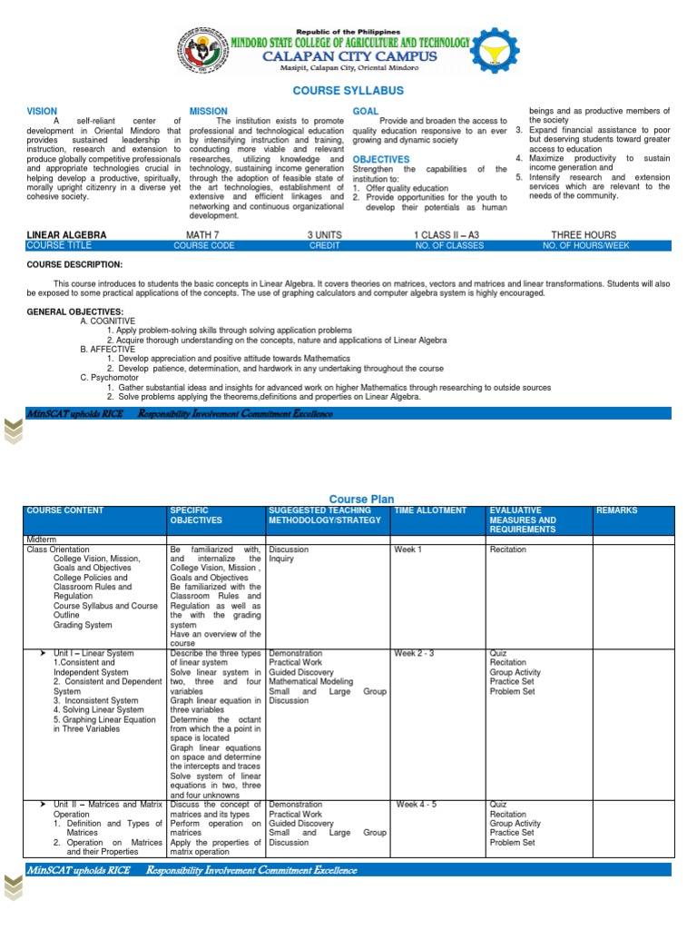Course Syllabus Second Sem | PDF | Determinant | Matrix (Mathematics)
