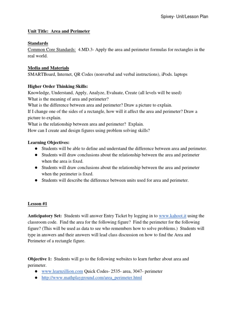 Area and Perimeter Lesson Plan | PDF | Lesson Plan | Educational Assessment