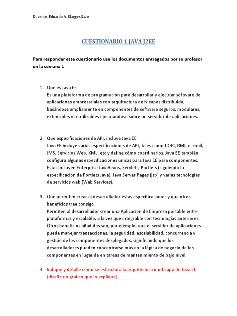 Cuestionario 1 Java J2EE | PDF | Plataforma Java | Servidor de aplicaciones