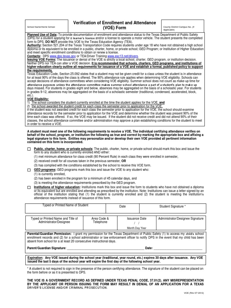 Verification of Enrollment and Attendance (VOE) Form: WWW - Dps.texas ...