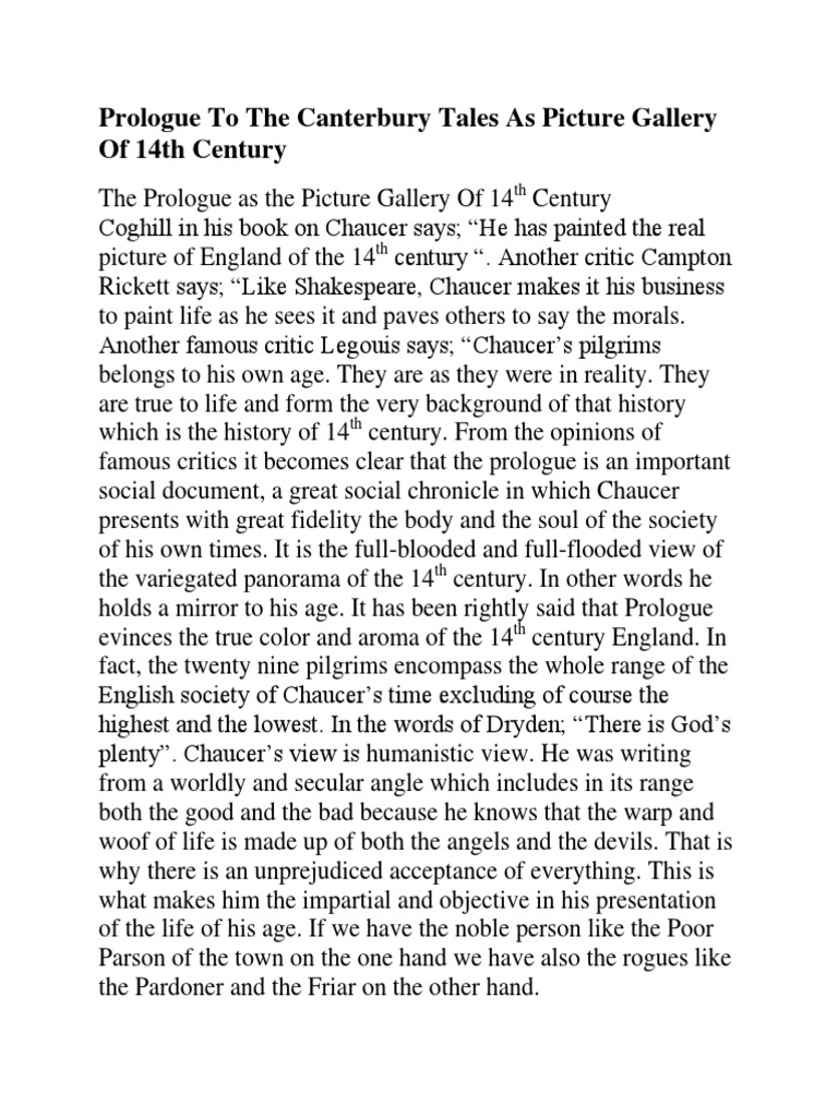 Chaucer's Prologue as a Picture Gallery of 14th Century English Society ...