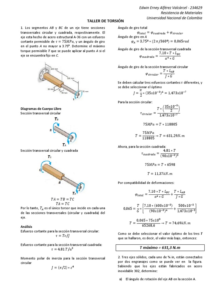Solución Taller de Torsión | PDF | Fuerza | Ingeniería mecánica