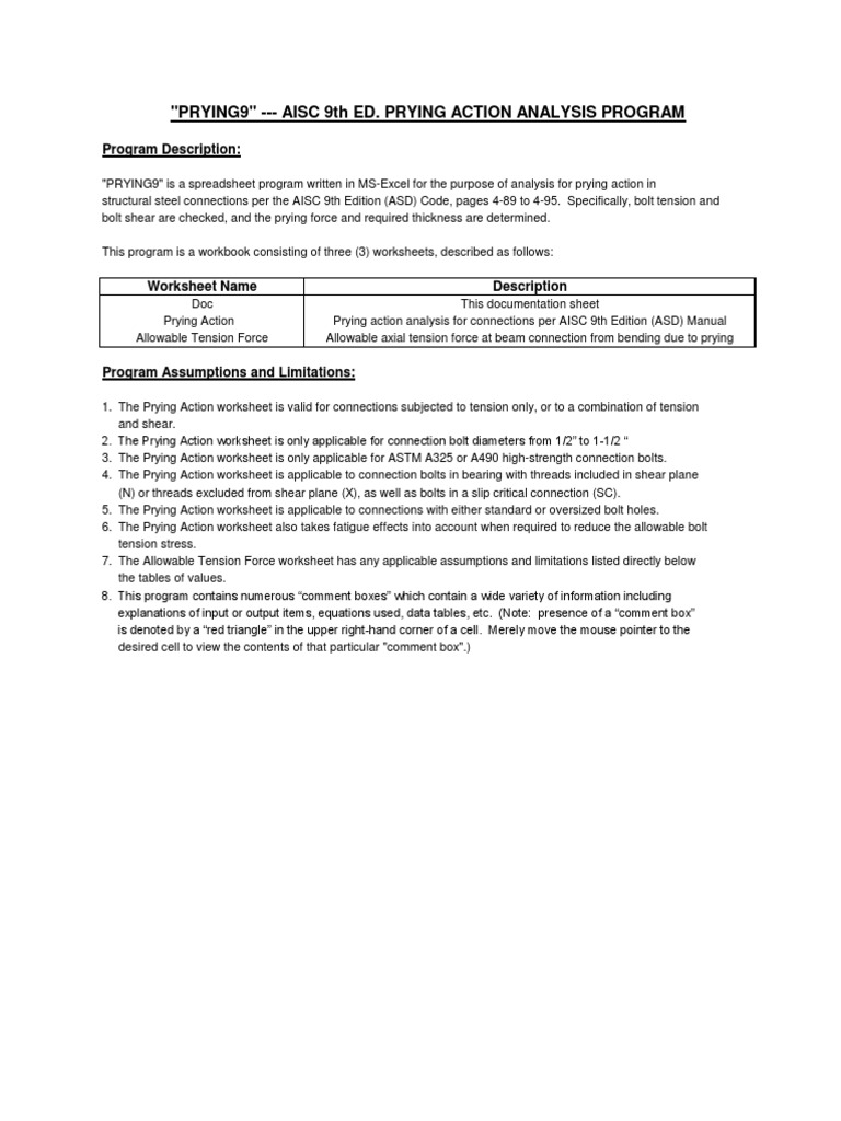 PRYING9 - AISC 9th ED. PRYING ACTION ANALYSIS PROGRAM | PDF | Worksheet | Screw