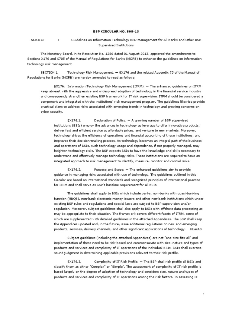 BSP Circular No. 808-13 Guidelines On Information Technology Risk ...