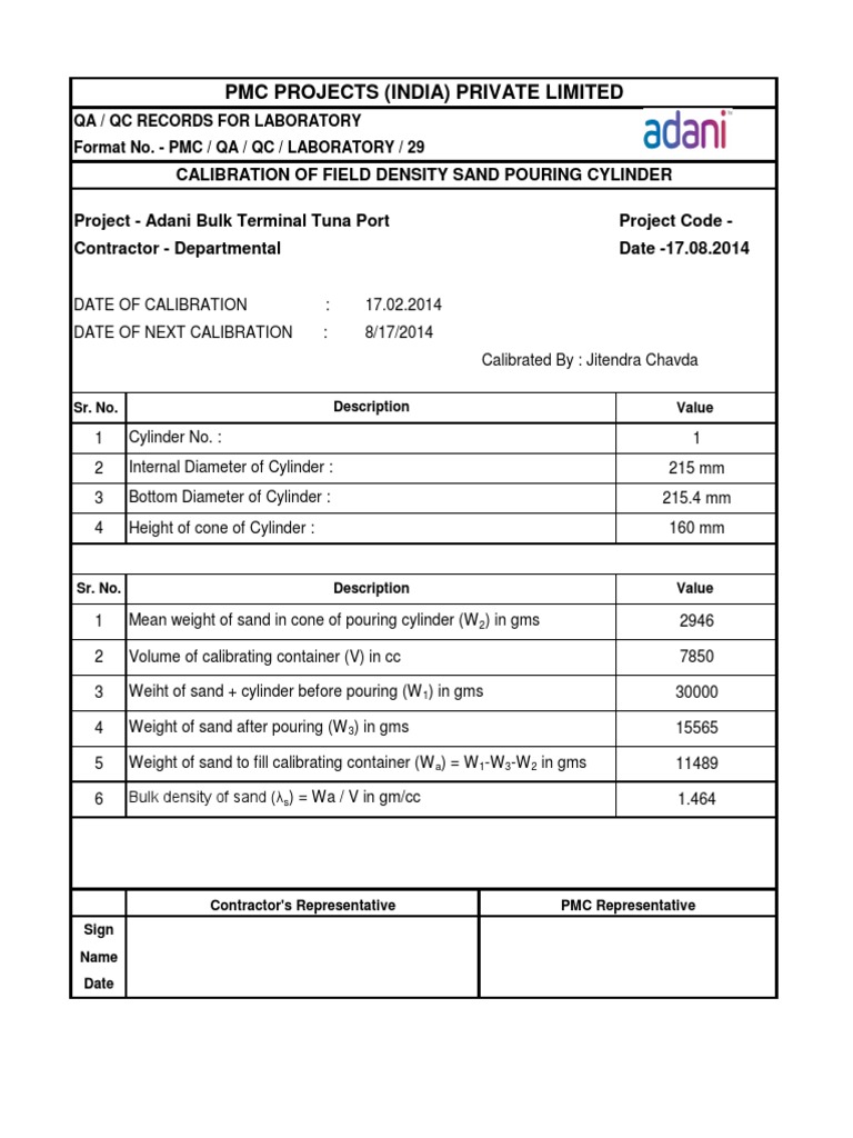 PMC Projects (India) Private Limited: Calibration of Field Density Sand ...