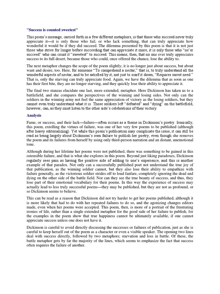 Success is Counted Sweetest: Analysis | PDF | Emily Dickinson | Poetry