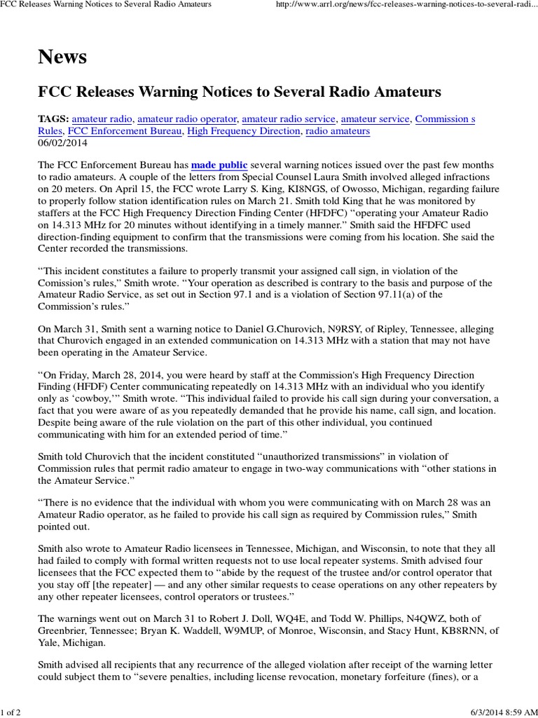FCC Releases Warning Notices to Several Radio Amateurs | Amateur Radio ...