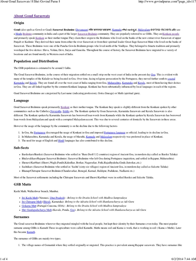 About Goud Saraswats - Shri Govind Purus | PDF | Indian Religions ...