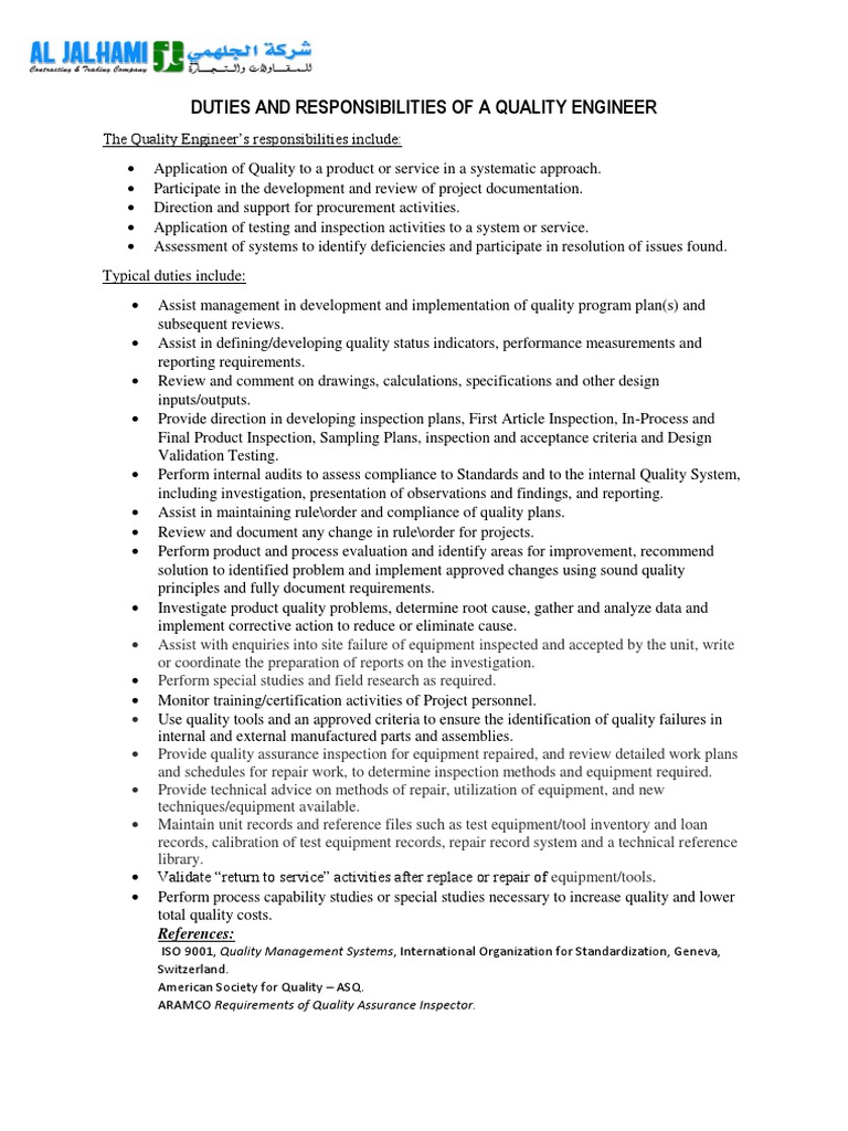 Duties and Responsibilities of A Quality Engineer | PDF | Quality ...