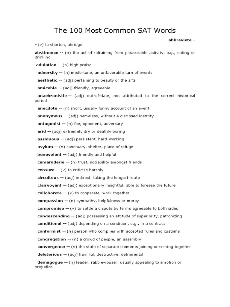 The 100 Most Common SAT Words | PDF | Psychological Concepts | Psychology