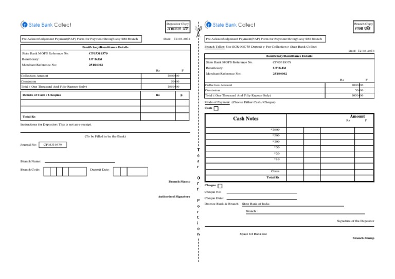 SBI Pre Acknowledgement Payment Form | PDF | Career & Growth