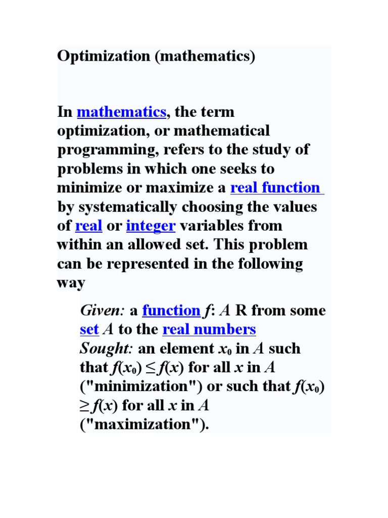 Optimization Mathematics In Mathematics The Term Optimization Or Mathematical Programming