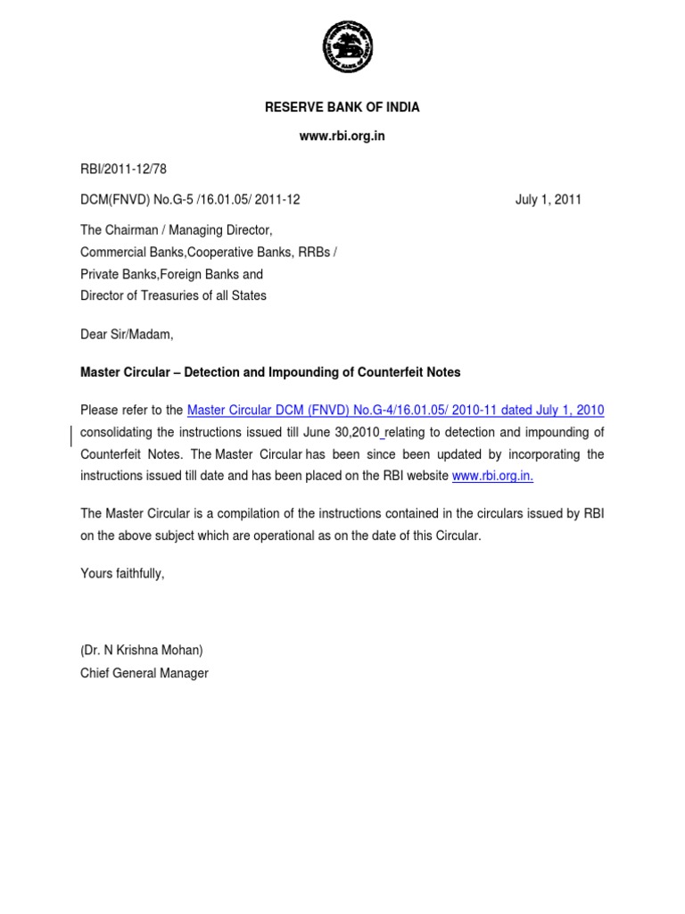 RBI Circular On Disposal of Counterfiet Note Procedure | Download Free ...