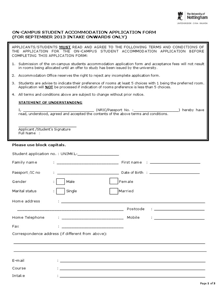 Accommodation Application Form | PDF | Dormitory | Signature