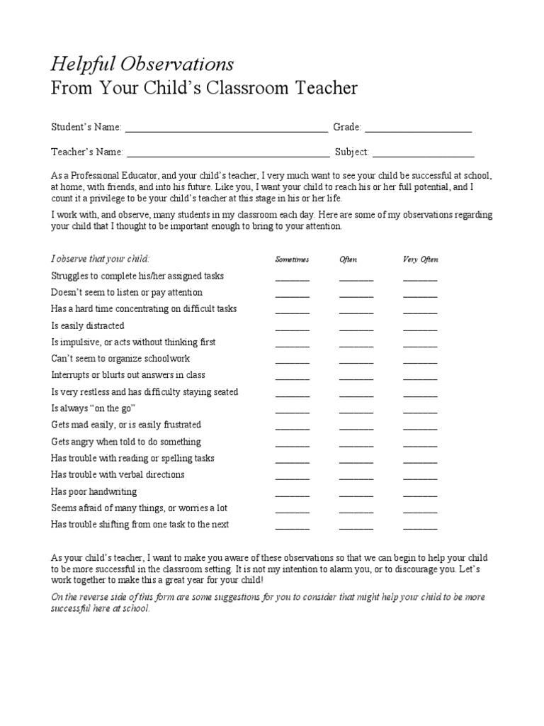 Teacher Observation Chart PDF | PDF | Classroom | Teachers