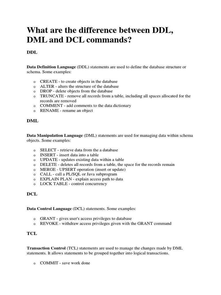 ddl dml dcl | Database Transaction | Sql