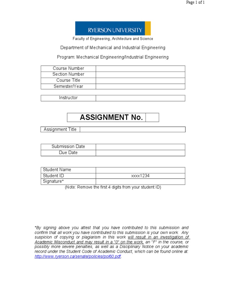 Mechanical Engineering Assignment Cover Page | PDF