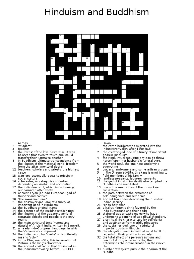 Hinduism, Buddhism Crossword Puzzle | PDF | Religious Faiths | Indian ...