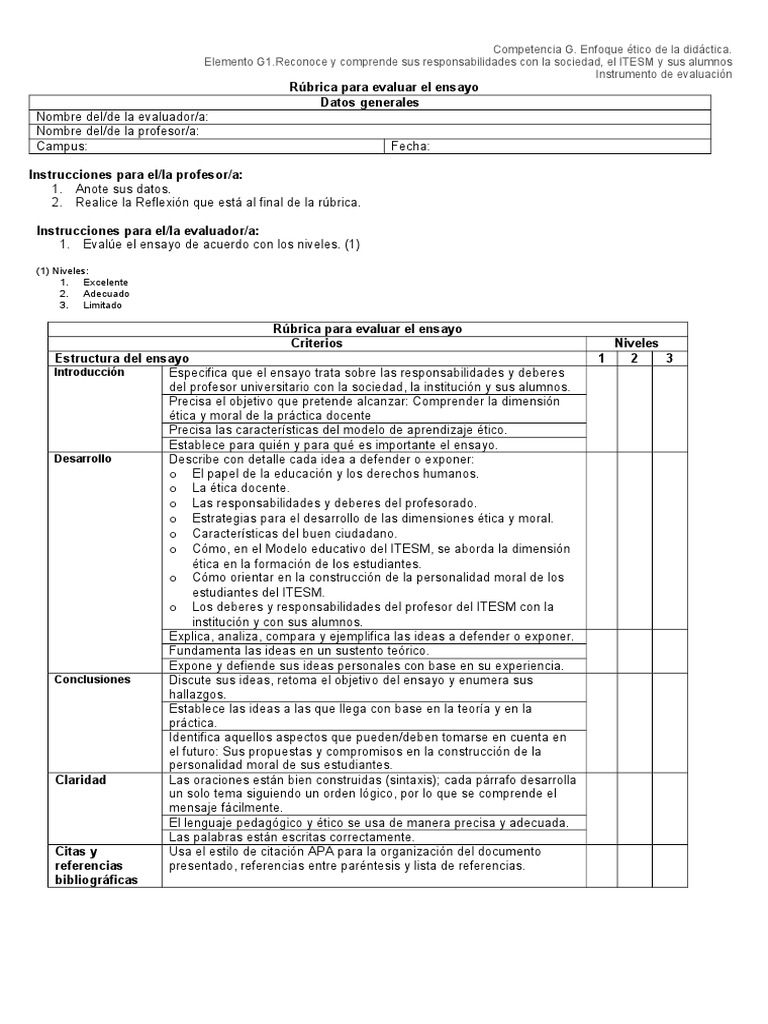 Rúbrica para Evaluar Ensayo Puro o Expositivo | PDF | Ensayos | Rúbrica ...