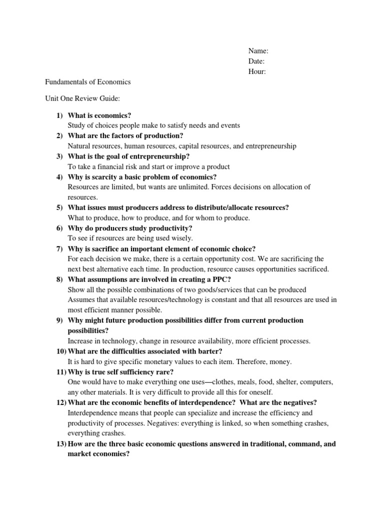 Fundamentals of Economics Unit One Review: An Annotated Compilation of ...