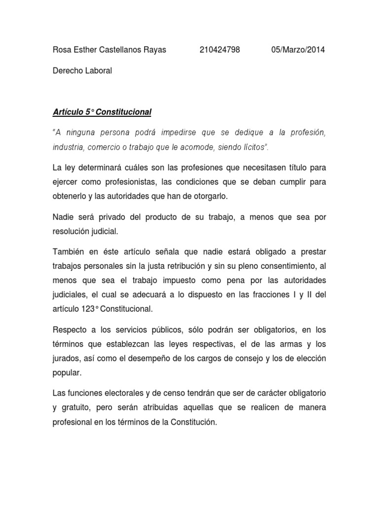 Artículos 5 y 123 de la Constitución Mexicana | PDF | Derecho laboral ...