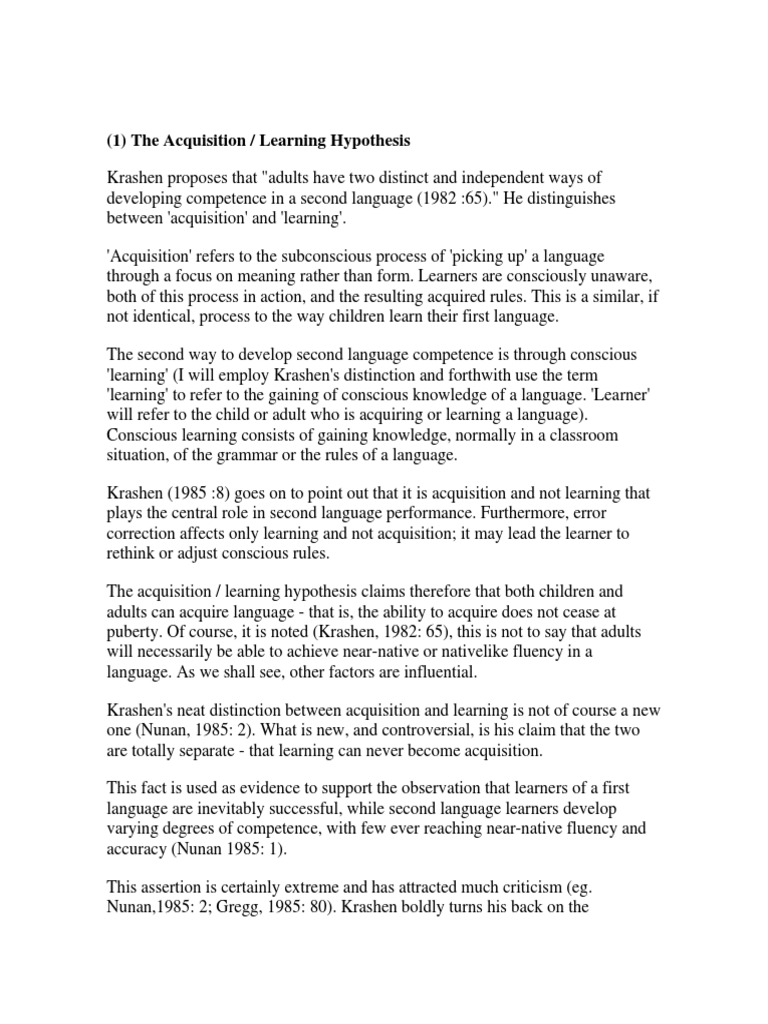 The Acquisition / Learning Hypothesis | PDF | Second Language ...