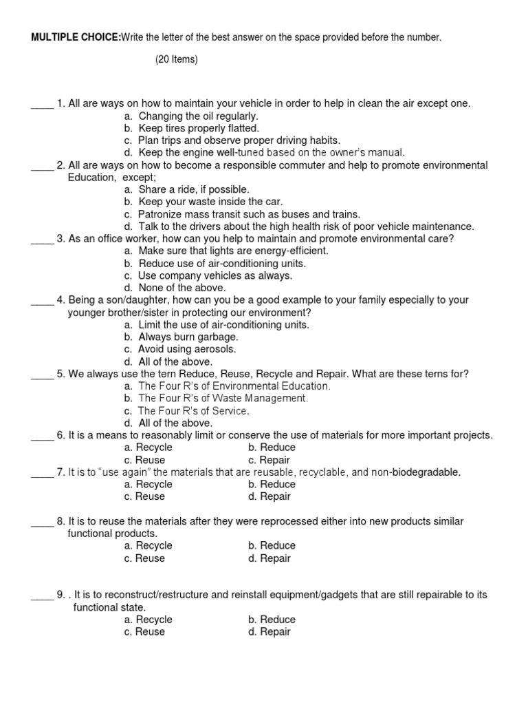 Multiple Choice Questions on Environmental Education Concepts and ...