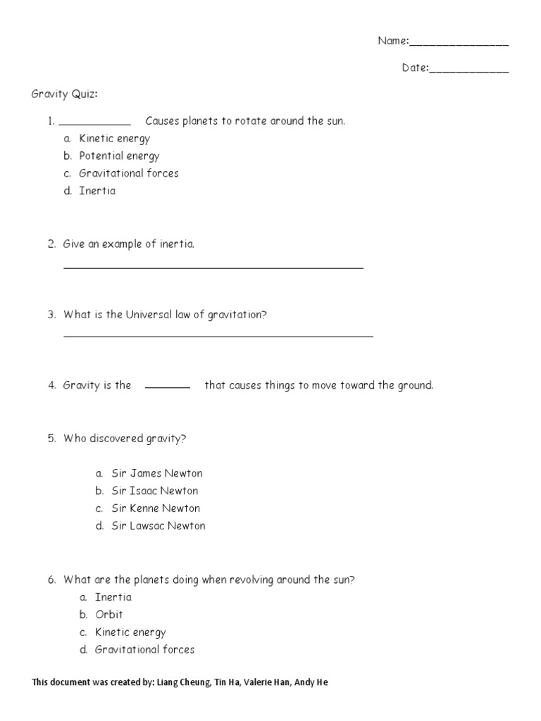 Gravity Quiz Questions and Answers | PDF