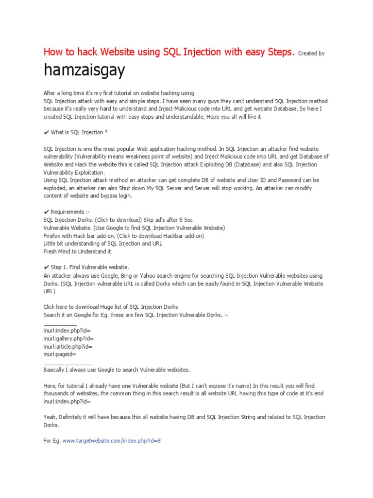 How To Hack Website Using SQL Injection | PDF | Websites | Computer ...