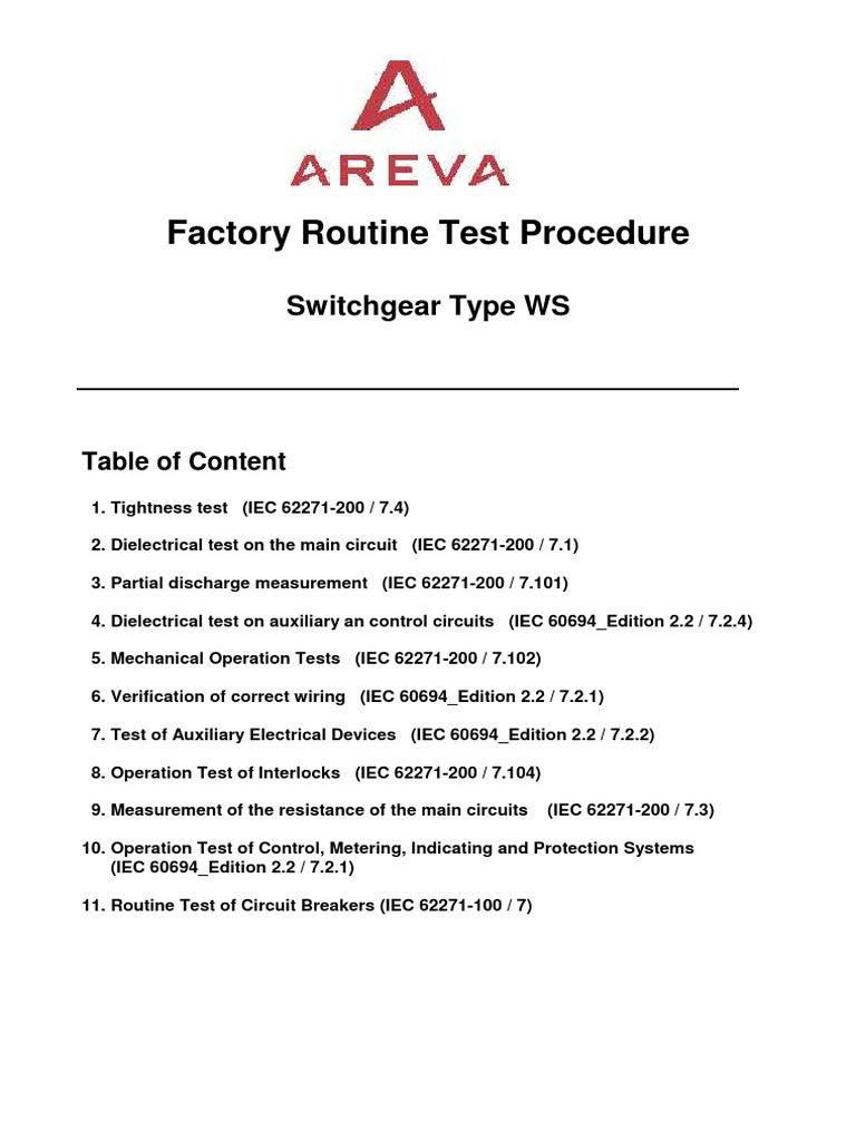 Factory Routine Test Procedure for Switchgear Type WS | PDF