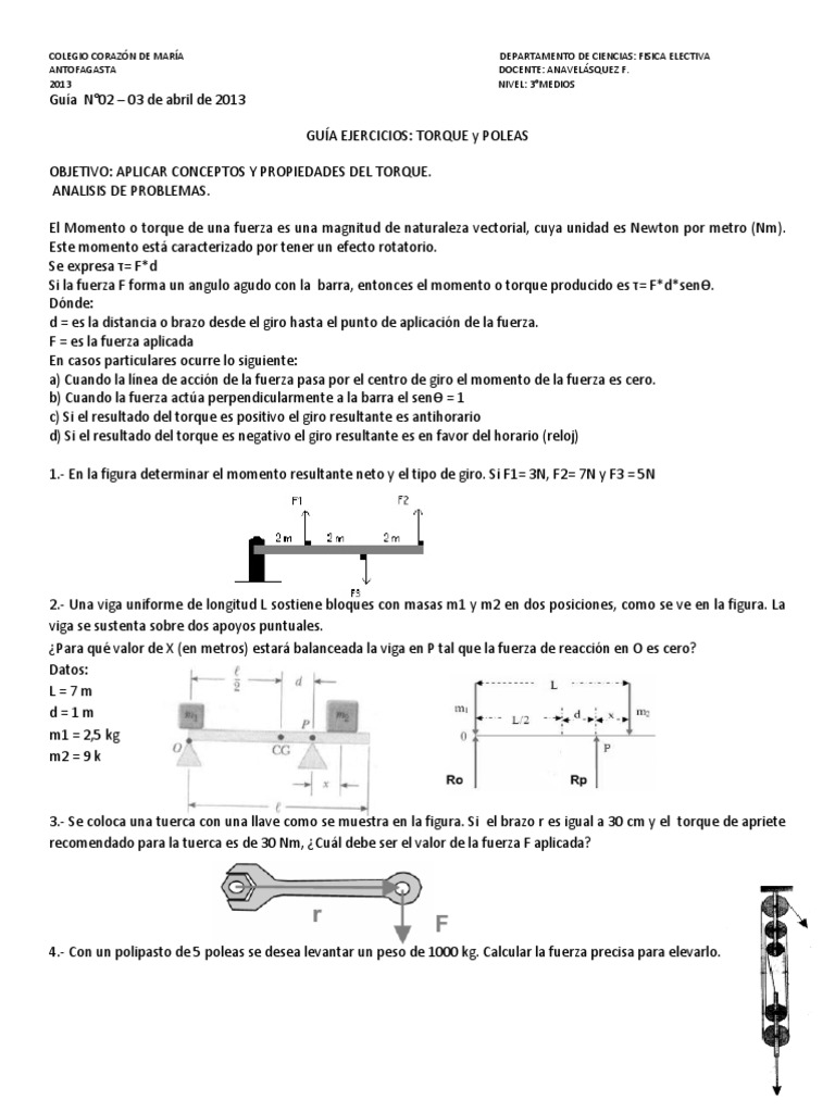 GUÍA EJERCICIOS Equilibrio Torque y Poleas | PDF | Esfuerzo de torsión | Fuerza