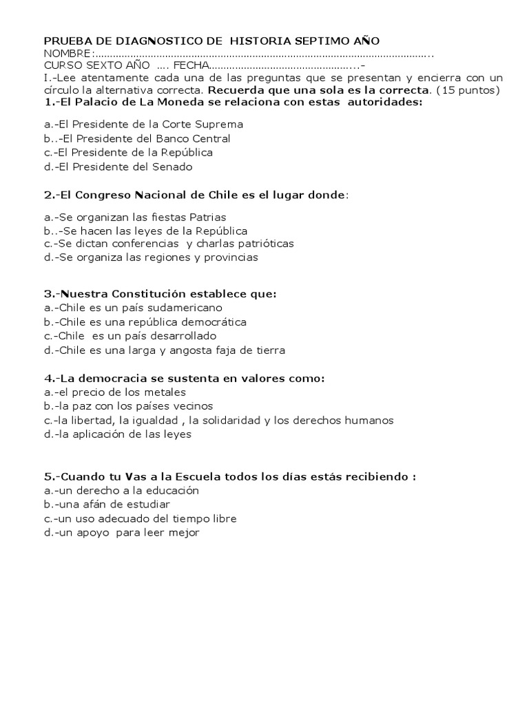 Prueba Diagnóstica Historia Séptimo Año | PDF | Alcalde | Andes