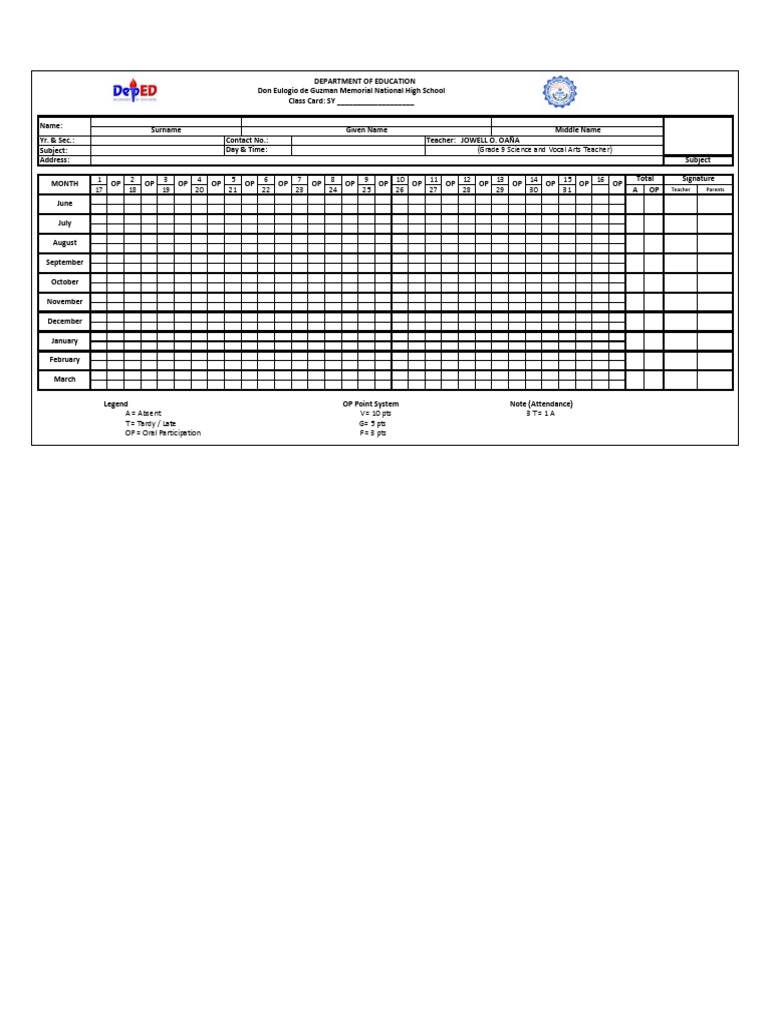 Student Class Card Overview | PDF