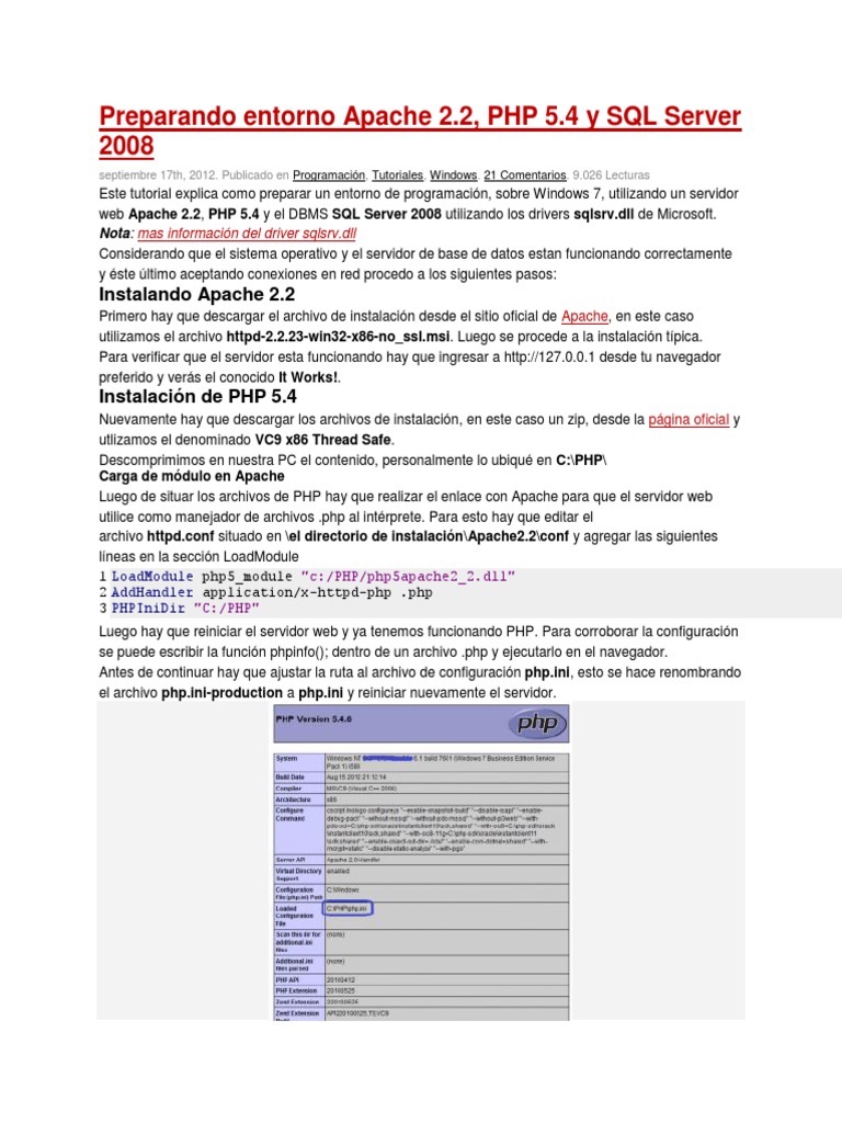 Preparando Entorno Apache 2.2, PHP 5.4 y SQL Server 2008 | PDF | Php | Servidor HTTP Apache