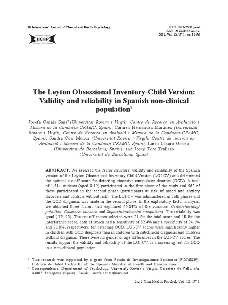 2011 - IJCHP - The Leyton Obsessional Inventory-Child Version | PDF ...