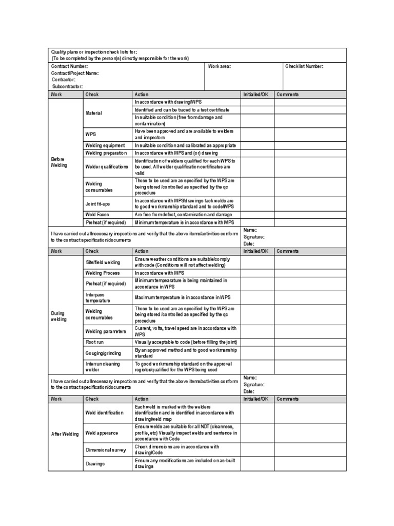 Welding Inspection Templates Workplace Safety Inspection Checklist