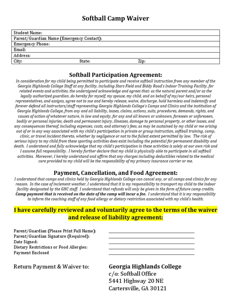 Softball Camp Liability Waiver Form | PDF | Government Information ...